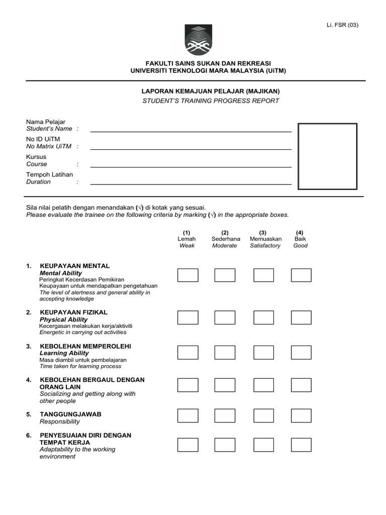 Borang Laporan Kemajuan INTERN FSR 2023 | PDF