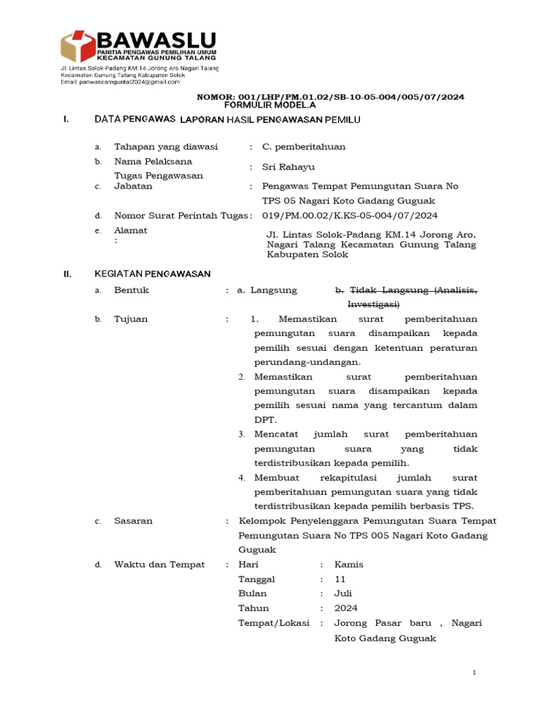 Pengawasan Pendistribusian Surat Suara TPS 005 | PDF