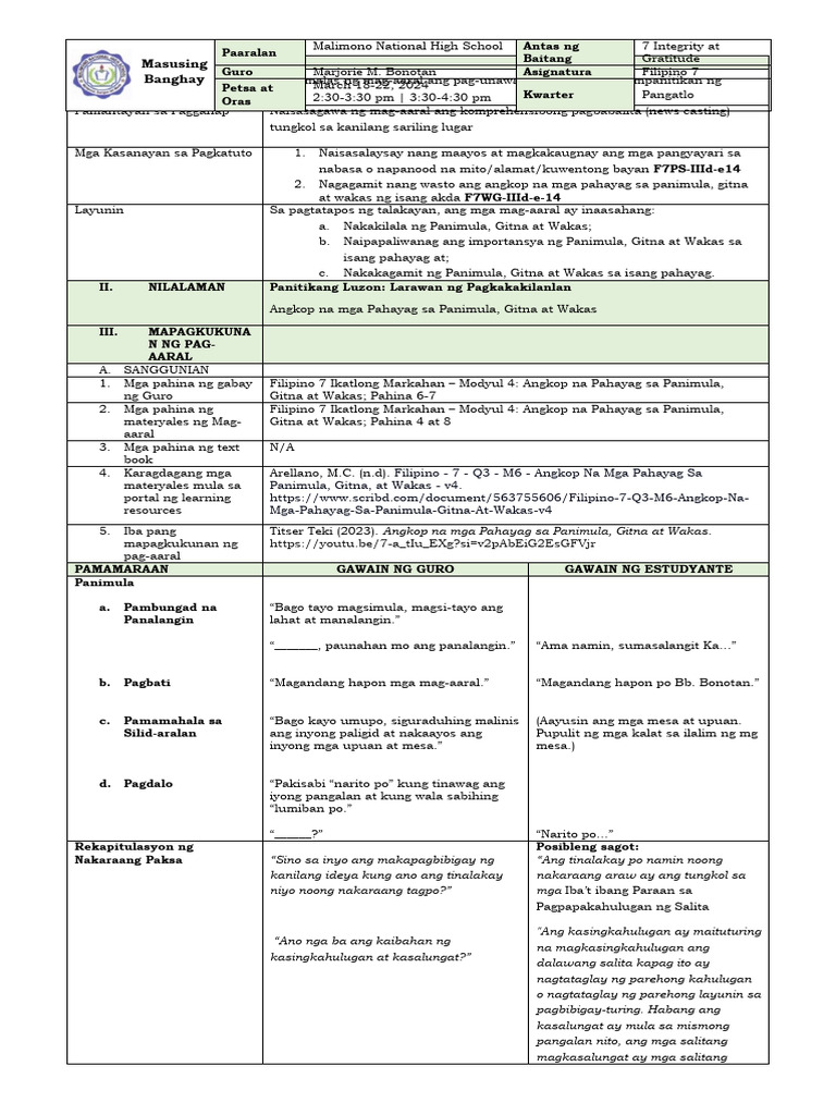 Filipino-7-DLP q4 Module 1 | PDF