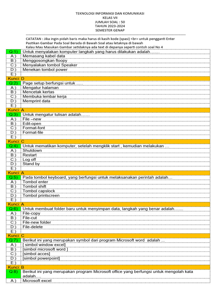 Soal CBT TIK Kelas Kelas 7 Semester 2 | PDF | Komputer