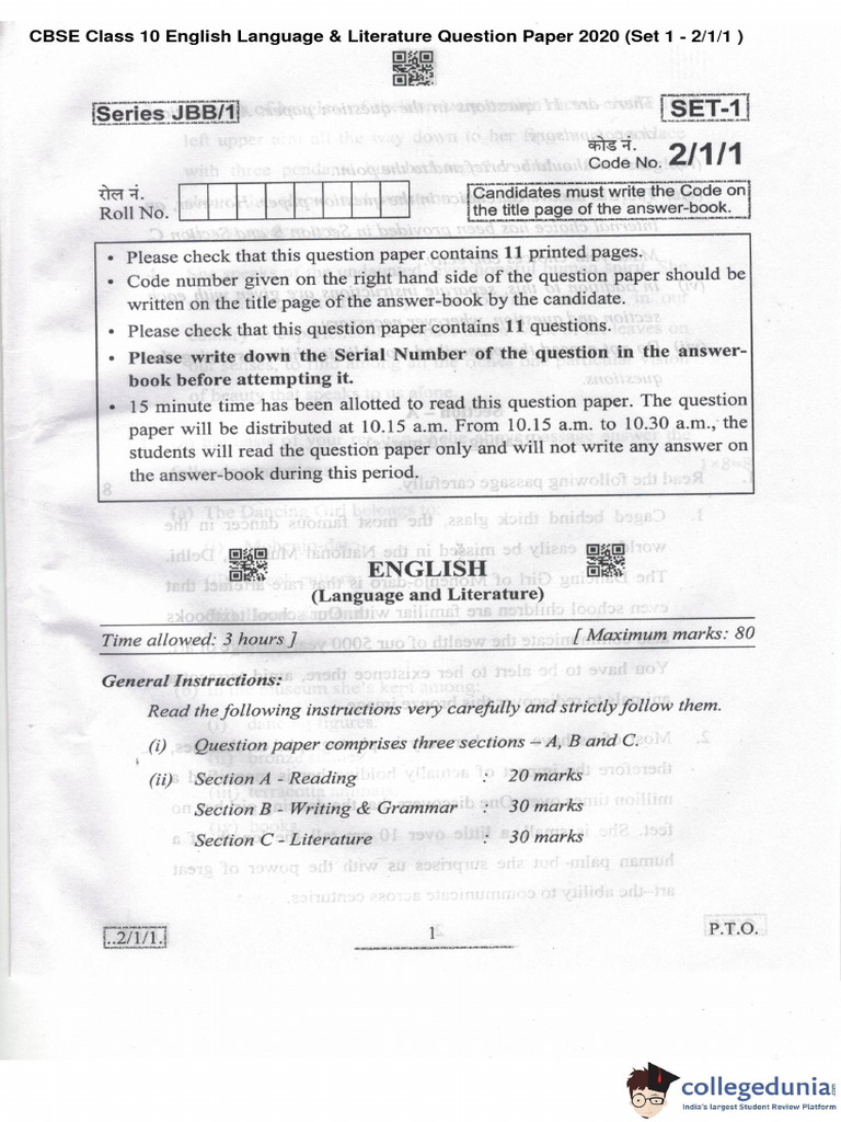CBSE Class 10 English Paper 2020 Set 1 | PDF