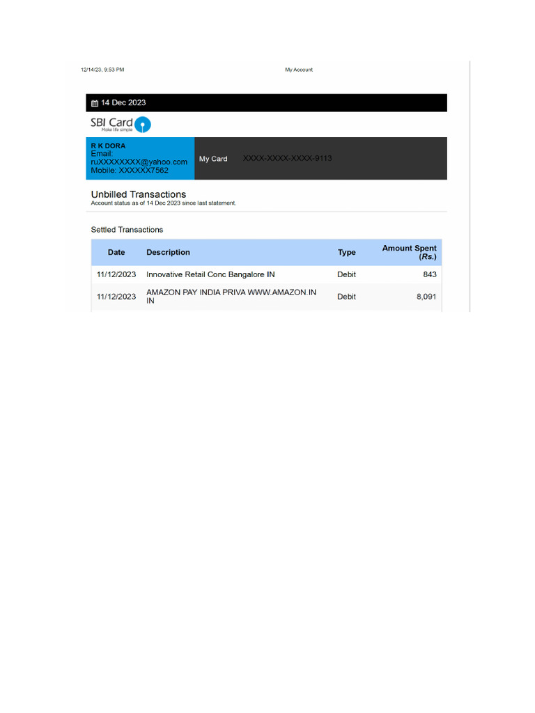 SBI Card Payment Receipt | PDF
