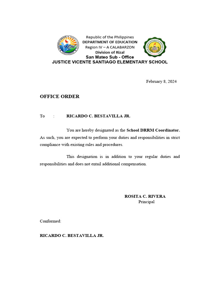 NLC Designation Letter SCH DRRM TEAM | PDF | Government | Philippines