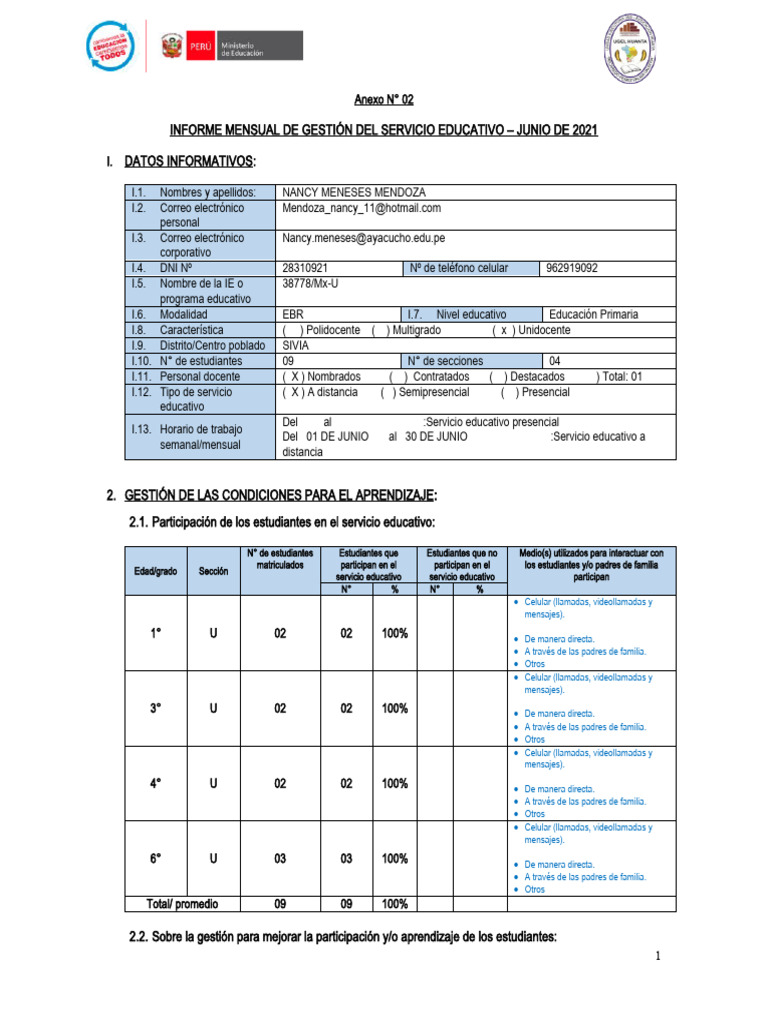 Anexo 2 Formato de Informe de Director IE Alieneado A La RVM 155 2021 ...