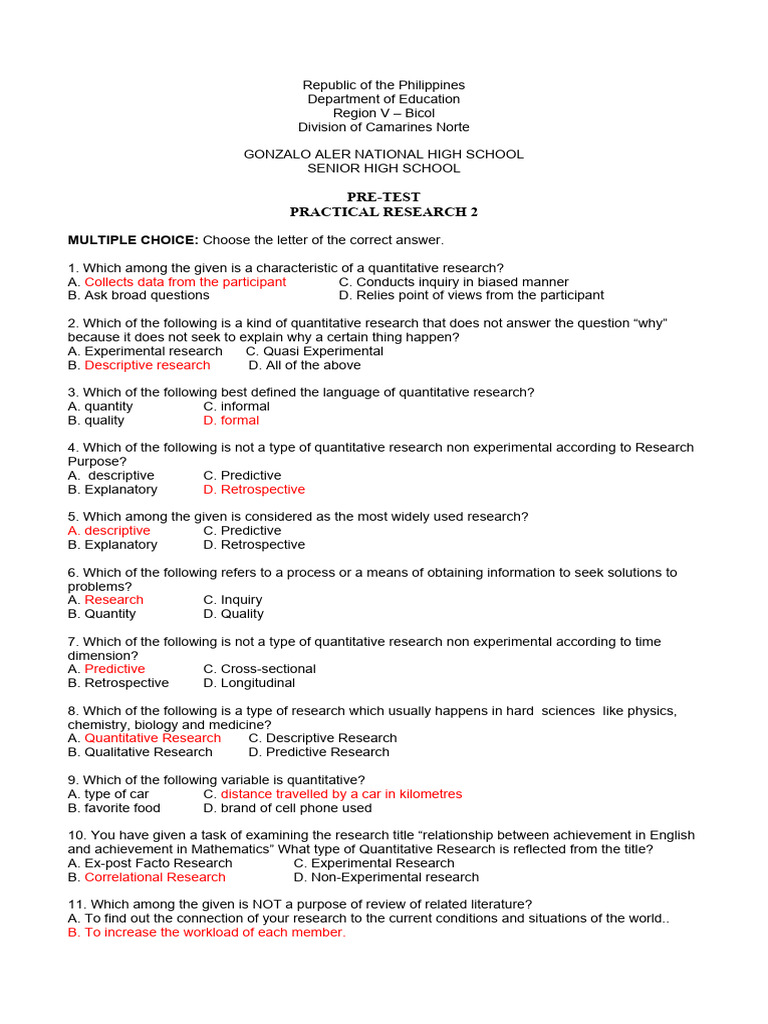 Answer Key - Pretest PR 2 | PDF | Quantitative Research | Hypothesis
