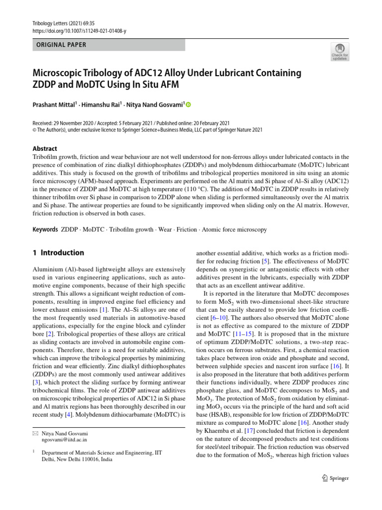 Microscopic Tribology of ADC12 Alloy Under Lubricant Containing ZDDP AND MODTC USING IN SITU AFM ...