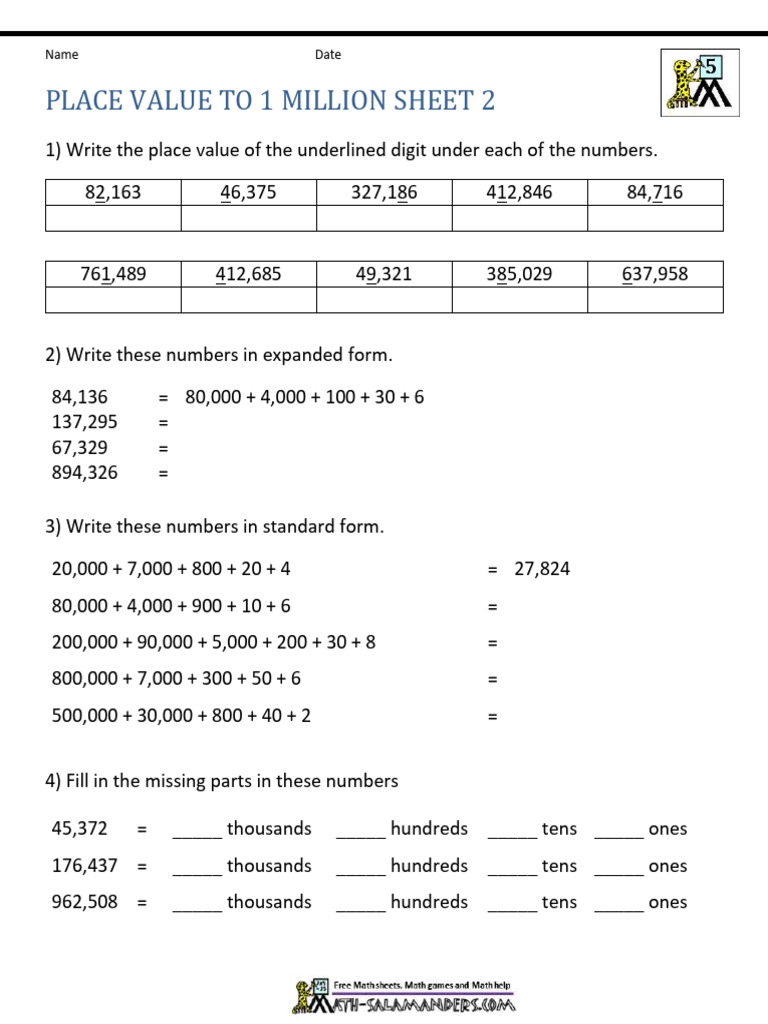 Place Value Worksheet to 1 Million | PDF | Computers
