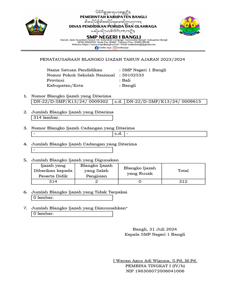 Penatausahaan Blangko Ijazah TP. 2023-2024 | PDF