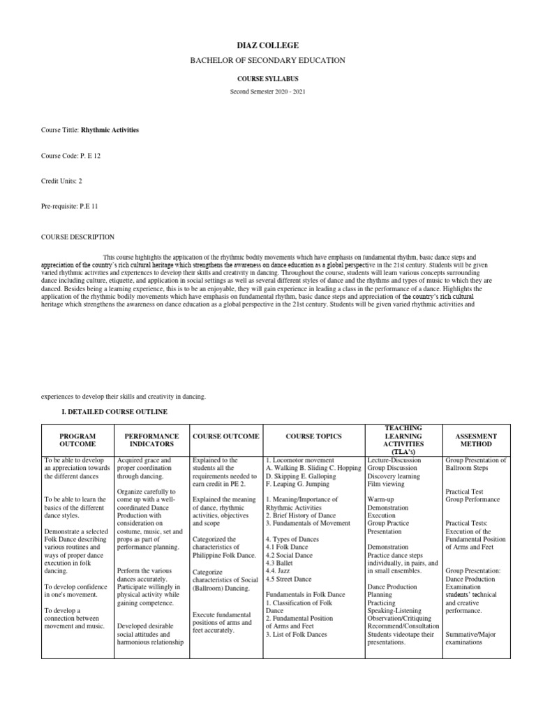 Pe 2 12 Syllabus Revised 2020 2021 | PDF | Dances | Ballroom Dance