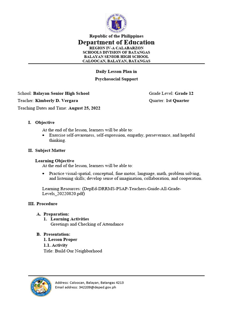 Daily Lesson Plan: Psychosocial Support | PDF | Learning | Cognition