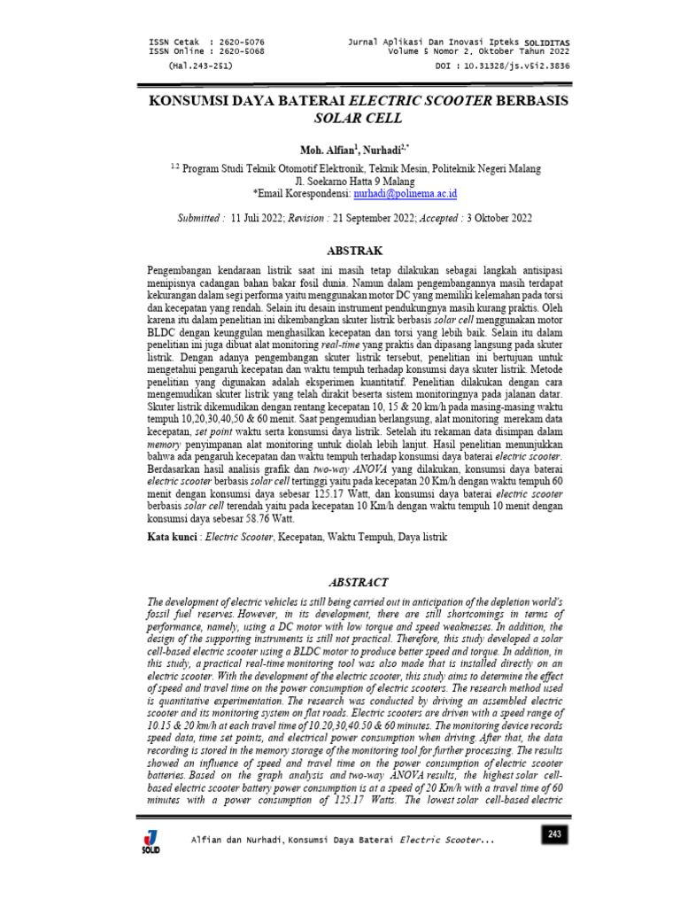 2022 - Konsumsi Daya Baterai Electric Scooter - Jurnal Soliditas Alfian Dan Nurhadi | PDF