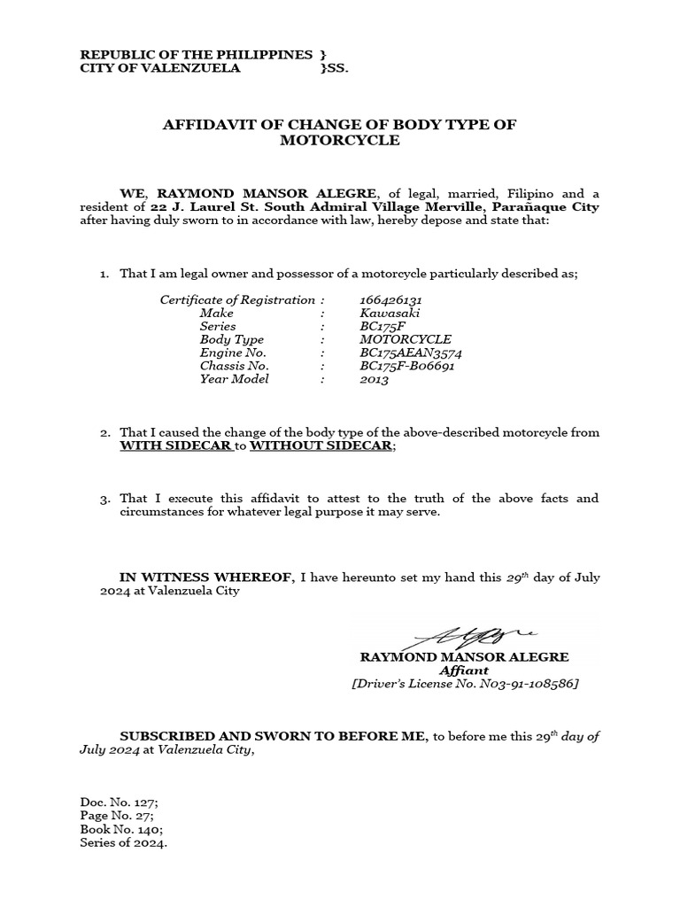 Affidavit of Change of Body Type of Motorcycle | PDF | Business ...