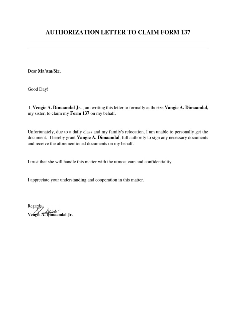 Authorization Letter To Claim Form 137 | PDF