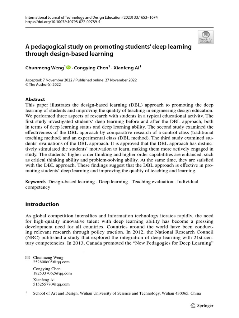 A Pedagogical Study On Promoting Students' Deep Learning Through Design ...