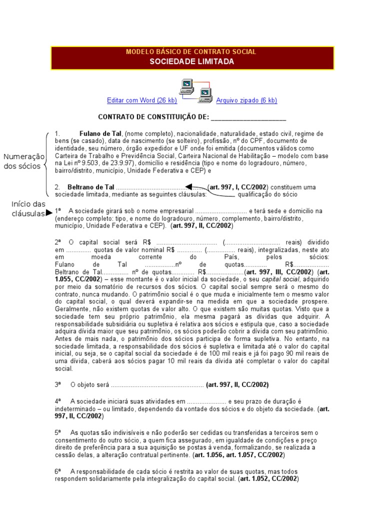 MODELO BÁSICO DE CONTRATO SOCIAL | Companhia de Responsabilidade ...