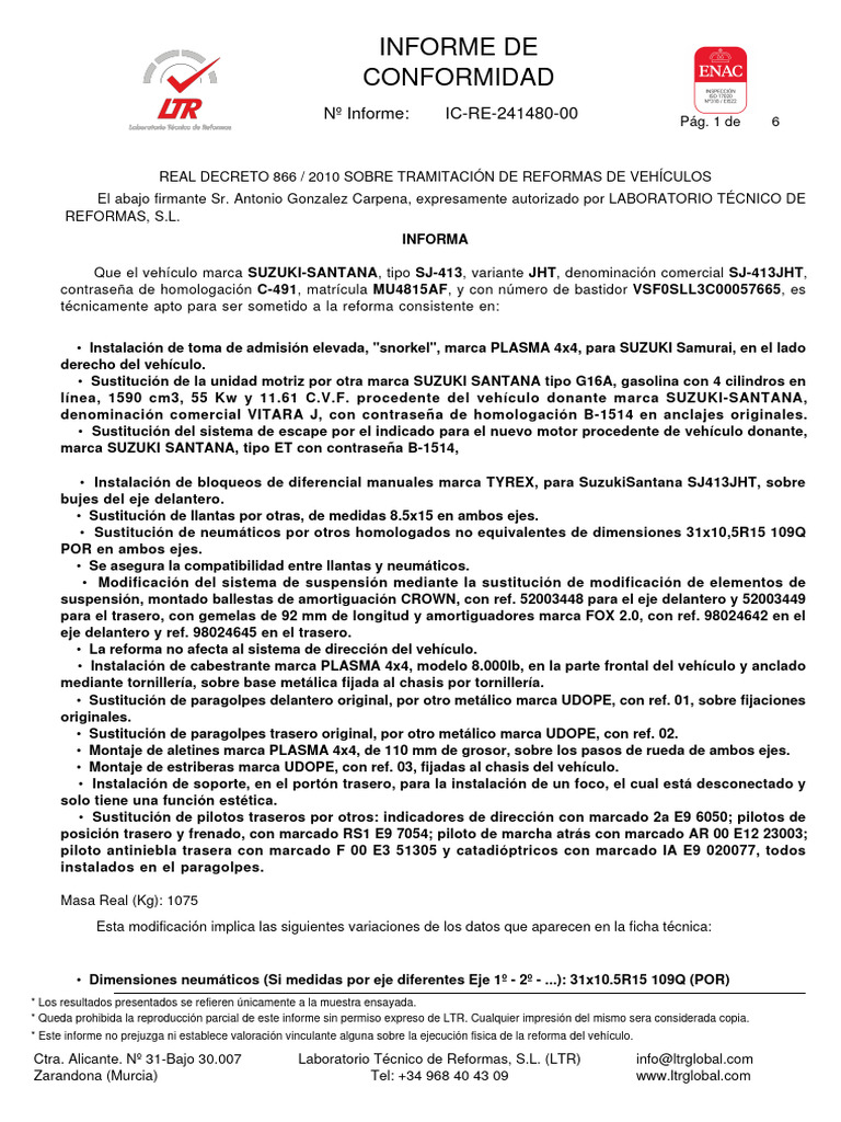 Informe de Modificaciones Suzuki SJ-413 | PDF | Eje | Neumático