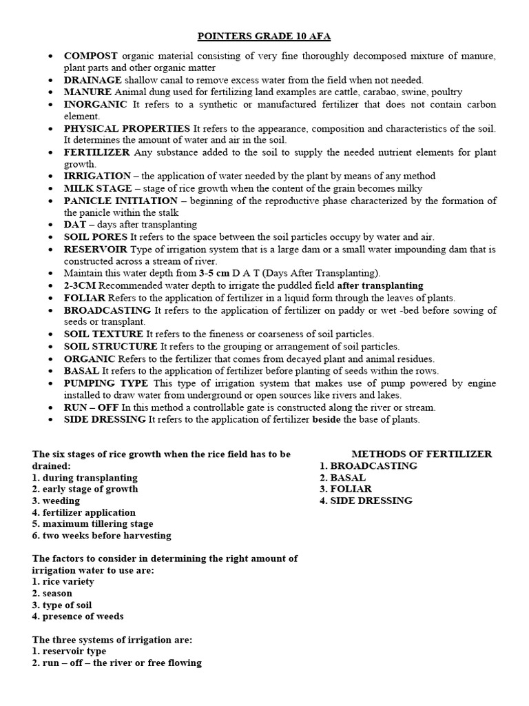 Pointers Grade 10 Afa | PDF | Soil | Manure