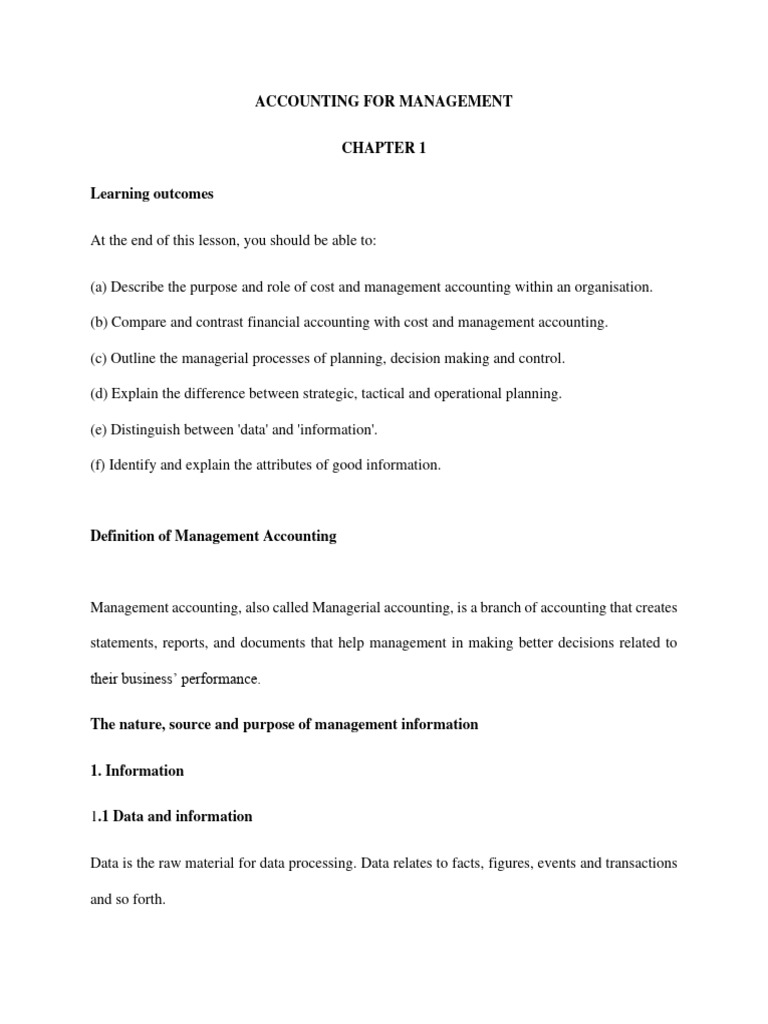 Acca Chapter 1 Accounting For Management | PDF | Information | Management Accounting