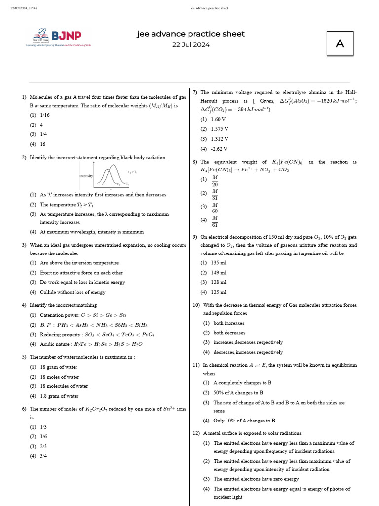 Jee Advance Practice Sheet | PDF | Gases | Electron
