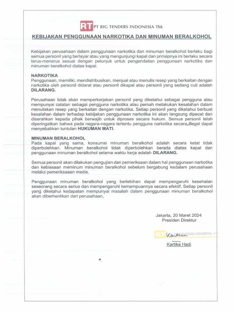 RTI - Kebijakan Penggunaan Narkotika Dan Minuman Beralkohol | PDF