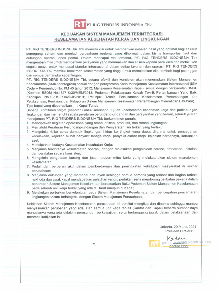 RTI - Kebijakan Sistem Manajemen Terintegrasi Keselamatan Kesehatan Dan Lingkungan | PDF