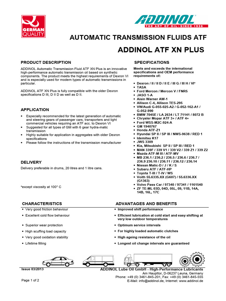 Addinol Atf XN Plus | PDF | Lubricant | Land Vehicles