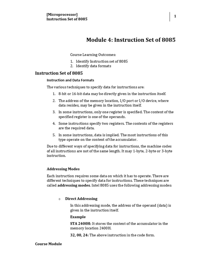 W4 Instruction Set of 8085 Module 4 | PDF | Computing | Computer Architecture