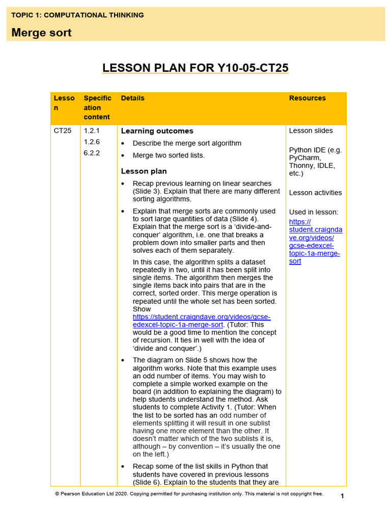 Merge Sort Algorithm Lesson Plan | PDF | Computer Programming | Applied ...