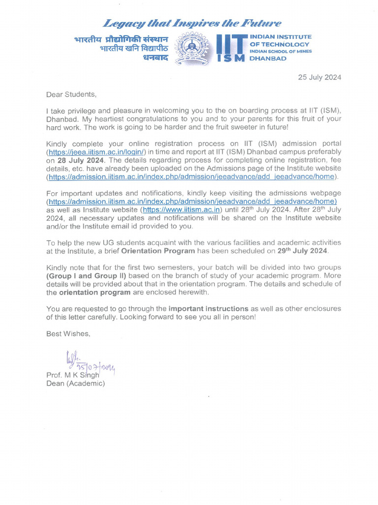 New Student Arrival Instructions at IIT(ISM) | PDF