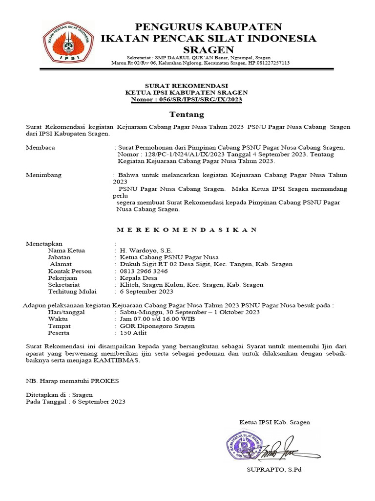 SURAT REKOMENDASI IPSI PSNU Pagar Nusa | PDF