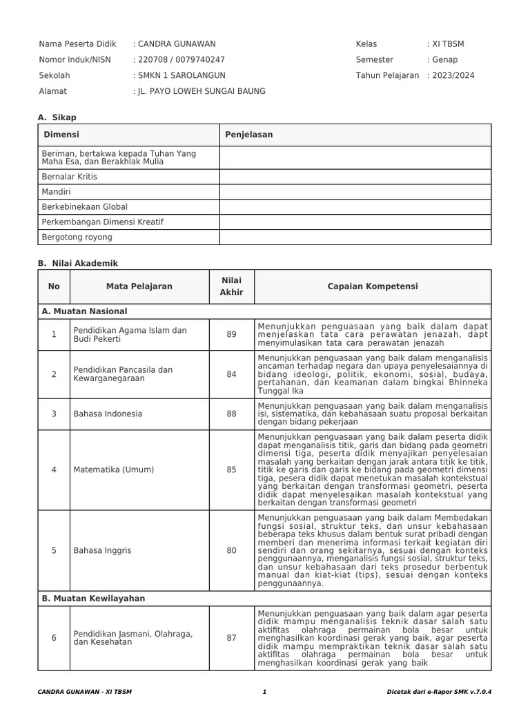 Rapor Candra Gunawan - Xi TBSM | PDF