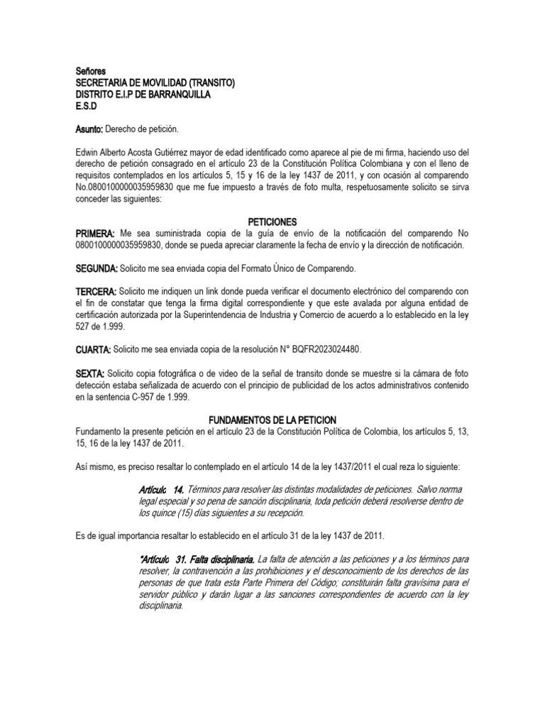 DERECHO DE PETICION SOLICITUD DE DOCUMENTOS Foto Comparendo Edwin | PDF | Petición | Justicia