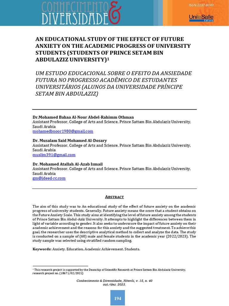 An Educational Study of The Effect of Future Anxie | PDF | Fear | Anxiety