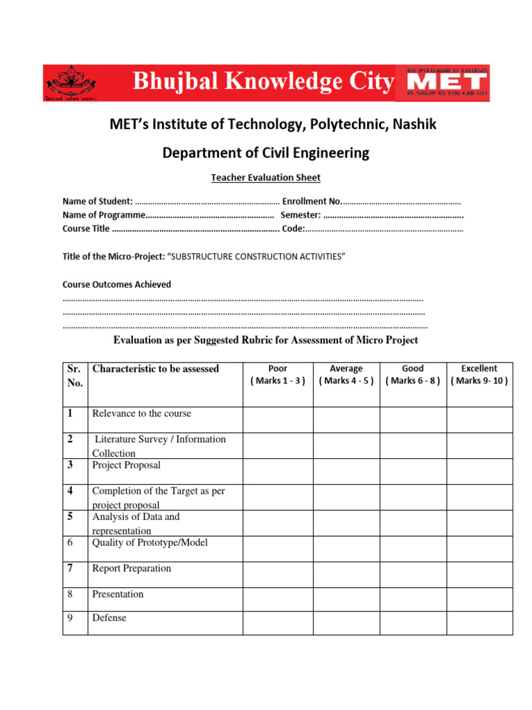 2.micro Project Evaluation Sheet | PDF | Science