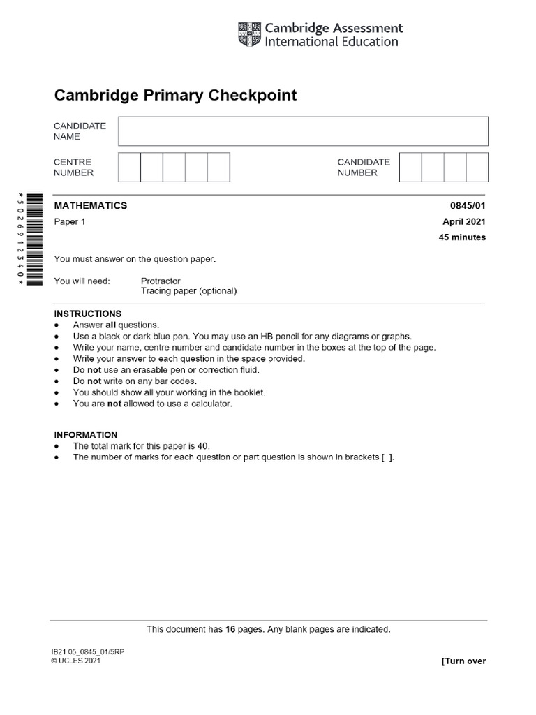 Cambridge Primary Checkpoint - Mathematics (0845) April 2021 Paper 1 ...