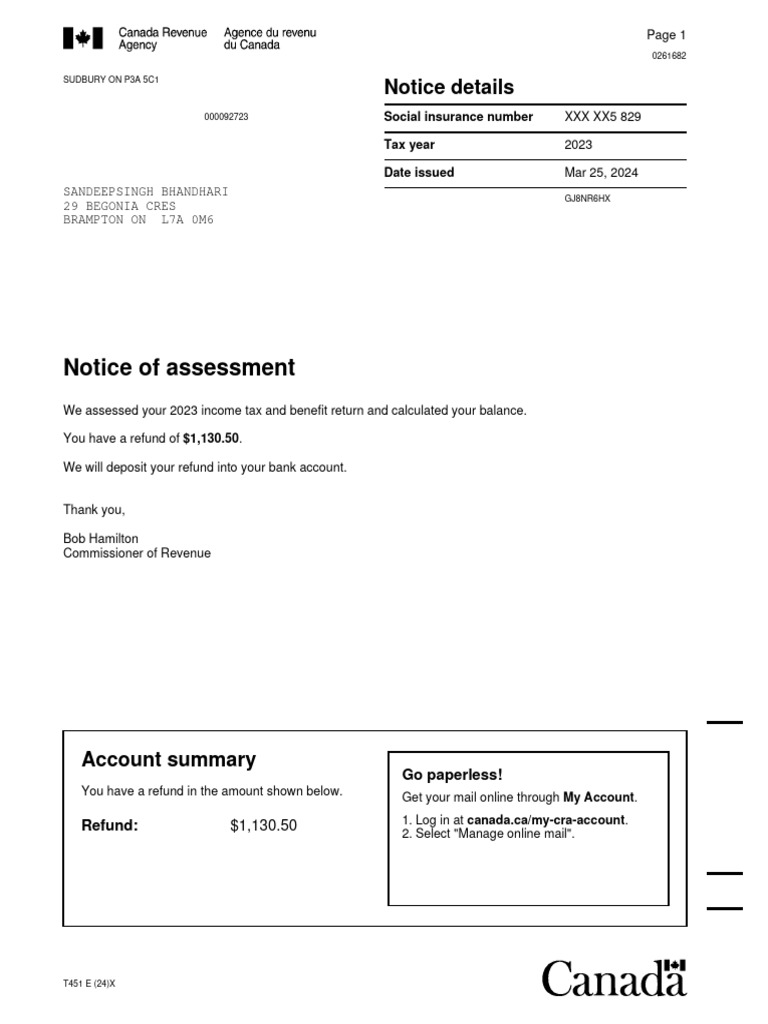 Notice of Assessment 2024 03 18 12 50 44 694648 | PDF | Tax Refund | Taxes