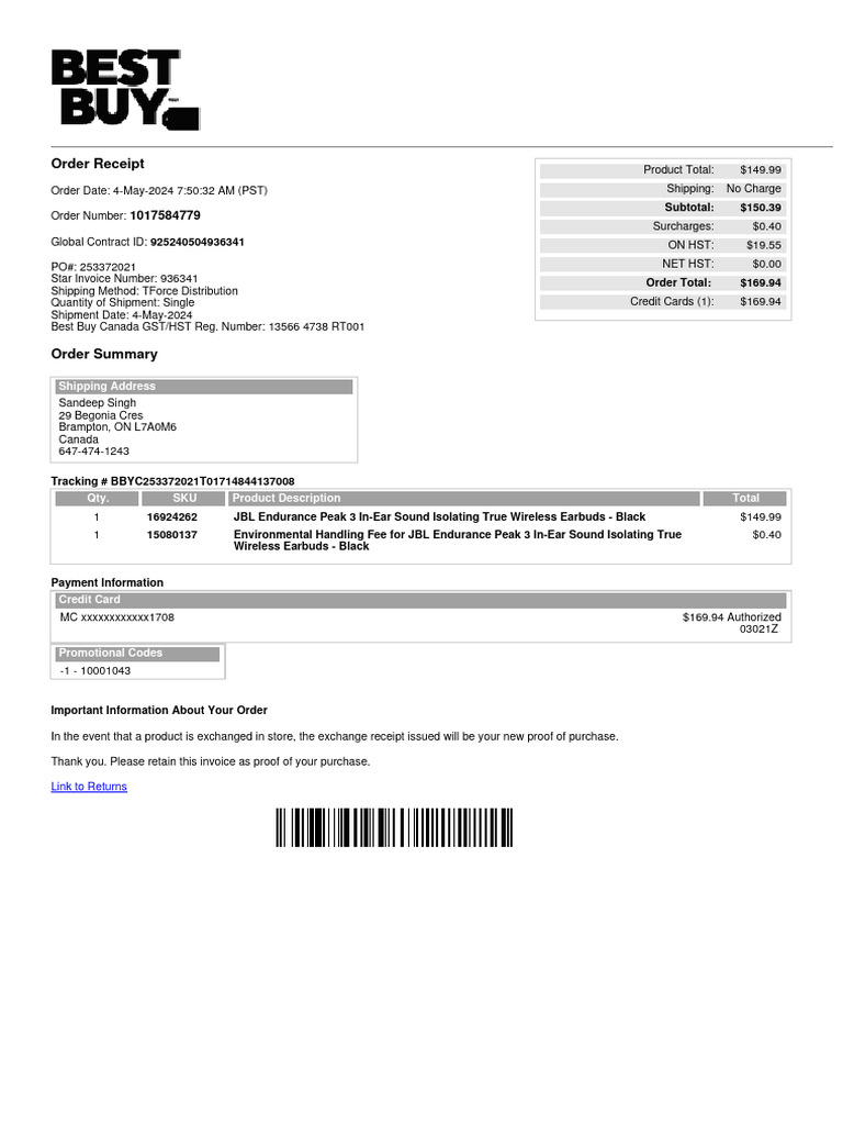 Best Buy Order Receipt for JBL Earbuds | PDF | Receipt | Business