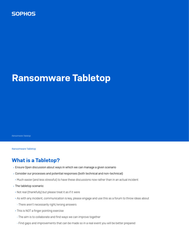 Sophos Ransomware Tabletop Exercise Overview | PDF | Ransomware | Malware