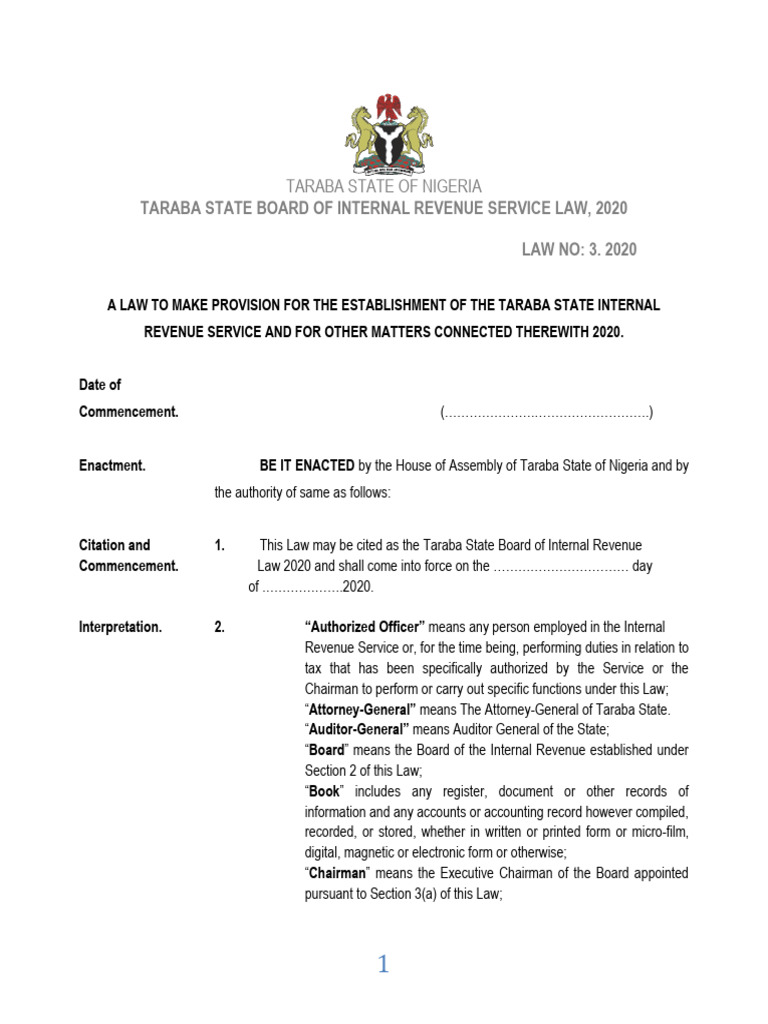Taraba State Board of Internal Revenue Service Law 2020 | PDF | Taxes ...