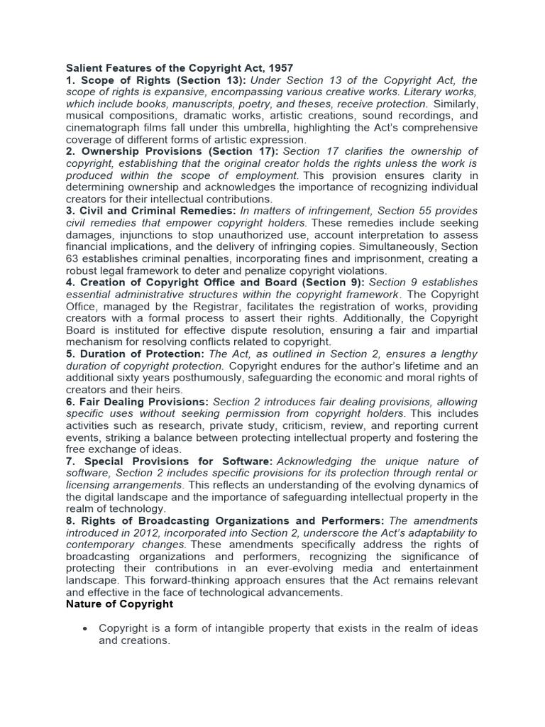 Salient Features of Copyright Act 1957 | PDF | Copyright | Property
