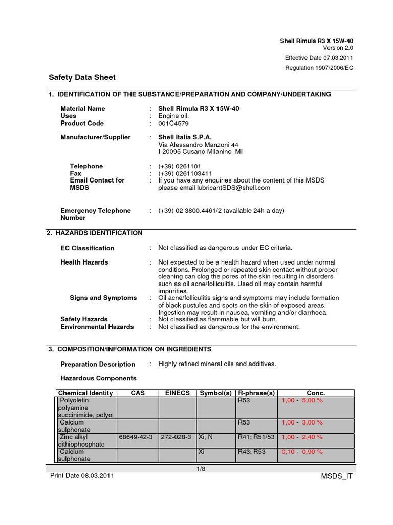 MSDS Shell Rimula R3 X 15W-40 | PDF | Toxicity | Waste