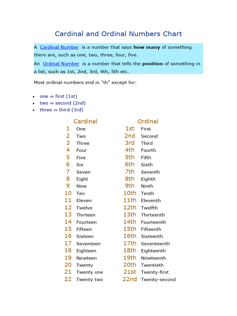 Cardinal and Ordinal Numbers Chart | PDF