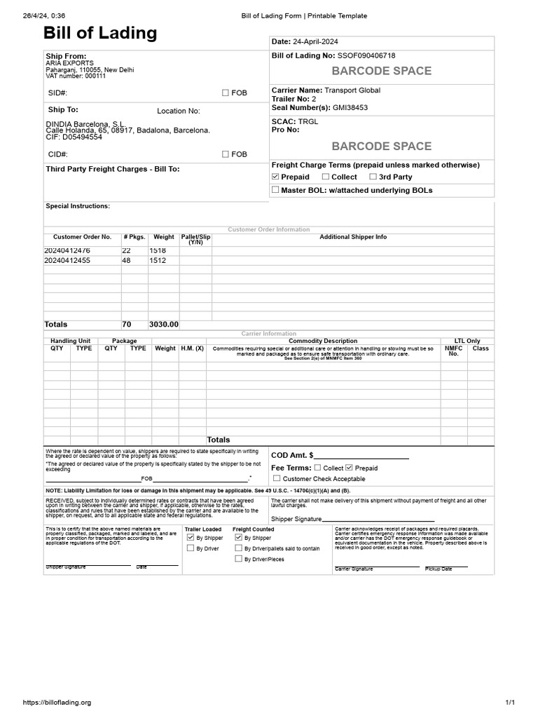 Bill of Lading Form - Printable Template | PDF | Cargo | Transport