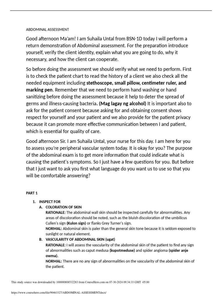 Abdominal Assessment | PDF | Abdomen | Medical Specialties