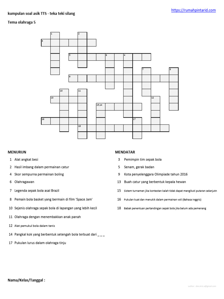 Teka Teki Silang Dan Jawaban Tema Olahraga 5 | PDF