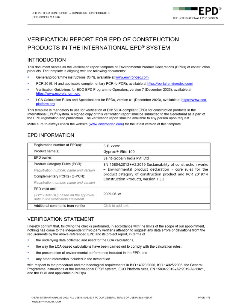 EPD Verification - Gyproc Plasters Report | PDF | Life Cycle Assessment