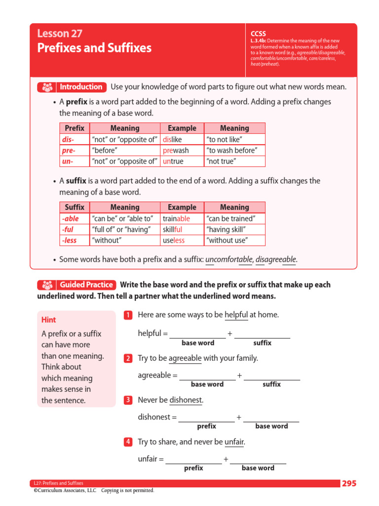 ELA 3L Unit 3 Lesson 27 - Prefixes and Suffixes | PDF | Word ...