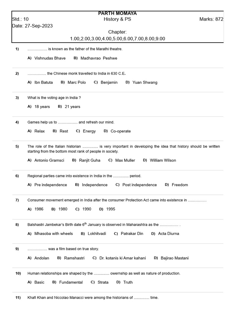 History and PS - All Chap MCQ (English Medium) | PDF | Democracy | Political Ideologies