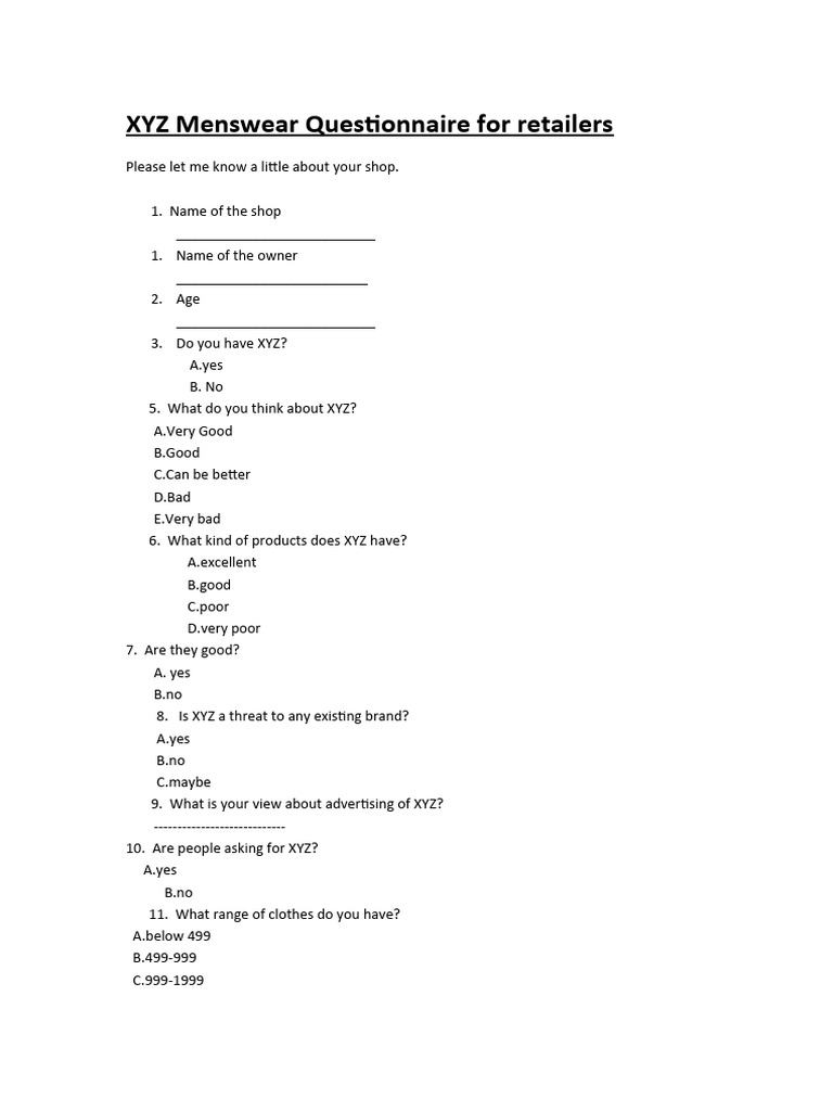 XYZ Menswear Questionnaire For Retailers | PDF | Brand | T Shirt