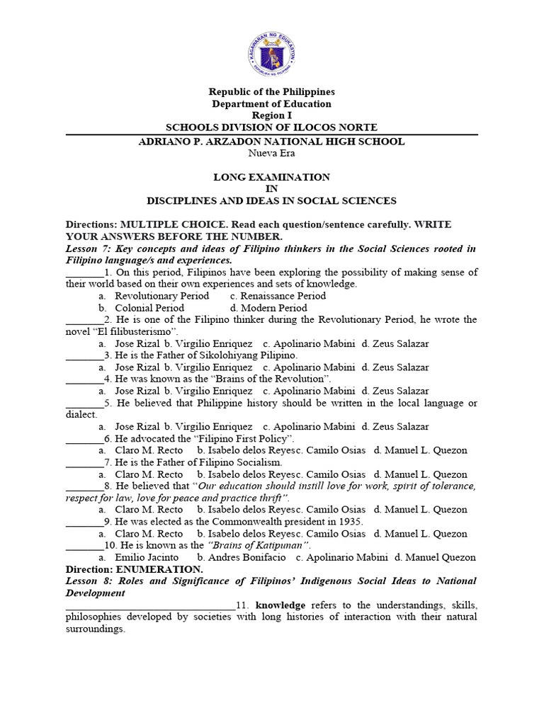 DISS Long Quiz | PDF | Philippines